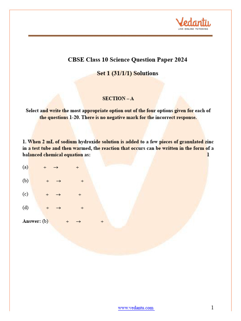 Class 10 Science Set 1 (31!1!1) 2024 Question Paper With Solutions ...
