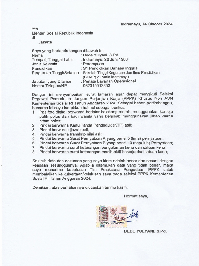 Surat Lamaran Dede | PDF