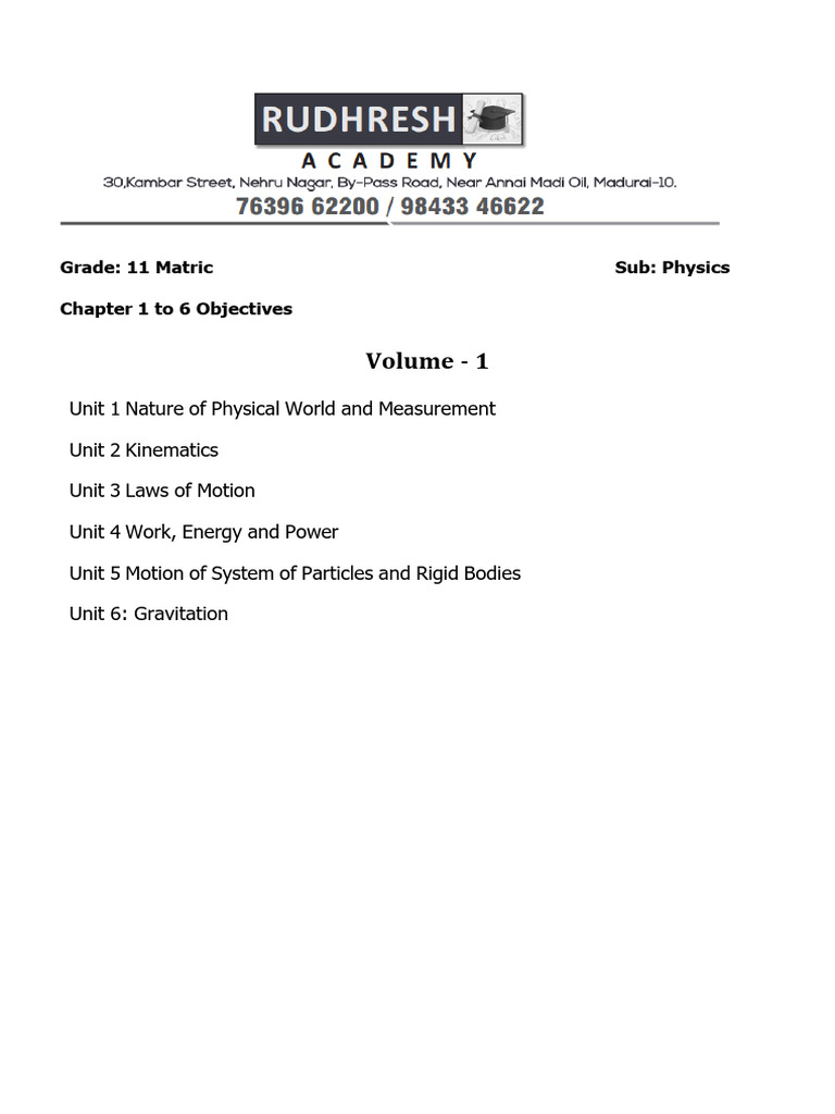 11th Grade Physics MCQs: Chapters 1-6 | PDF | Force | Acceleration