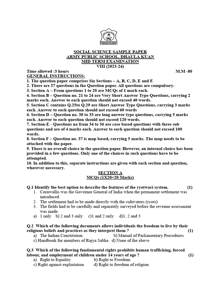 Social Science Sample Paper - Mid Term | PDF
