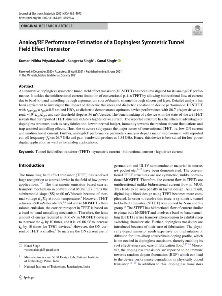 Analog/RF Performance Estimation of A Dopingless Symmetric Tunnel Field Effect Transistor | PDF ...