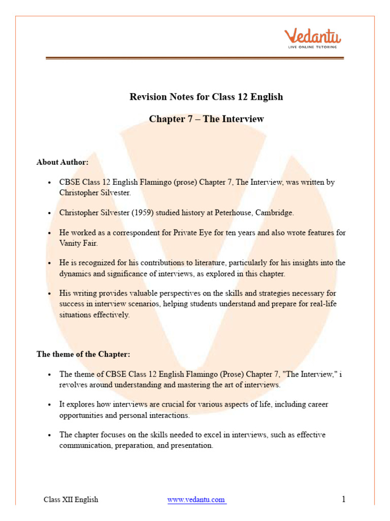 CBSE Class 12 English Chapter 7 The Interview Summary Notes - FREE PDF ...