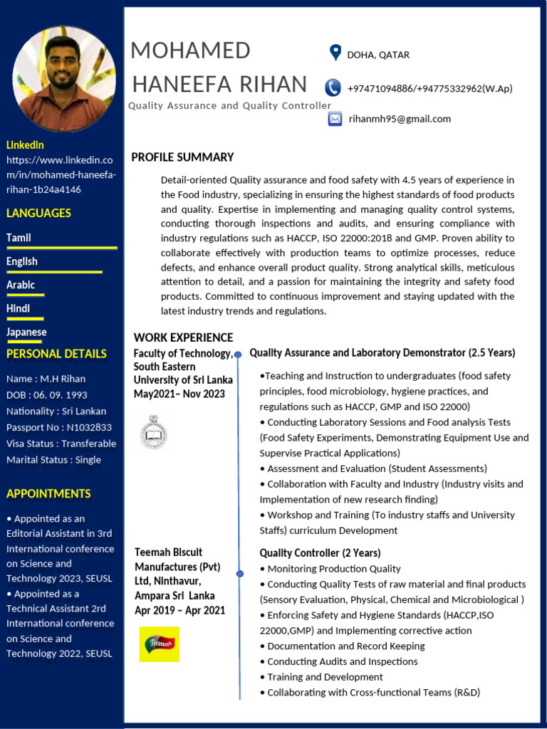 Rihan New Updated CV | PDF | Hazard Analysis And Critical Control Points | Food Safety