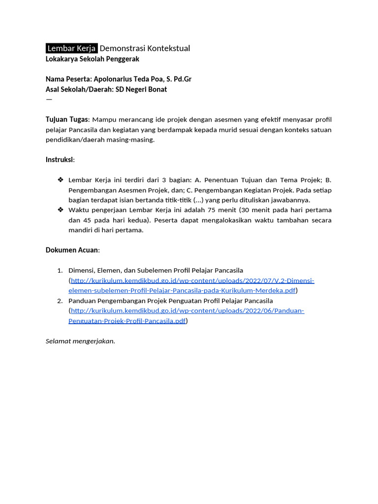 Lembar Kerja Sekolah Penggerak | PDF