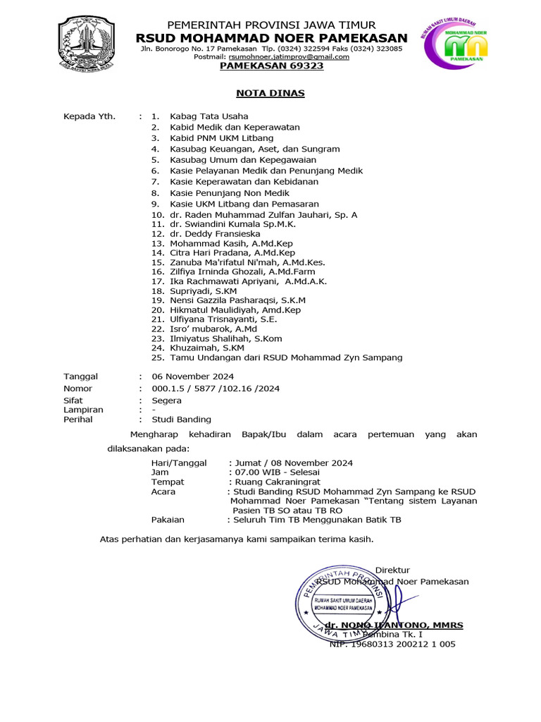 Nota Dinas Kegiatan Studi Banding RSMZ Sampang | PDF