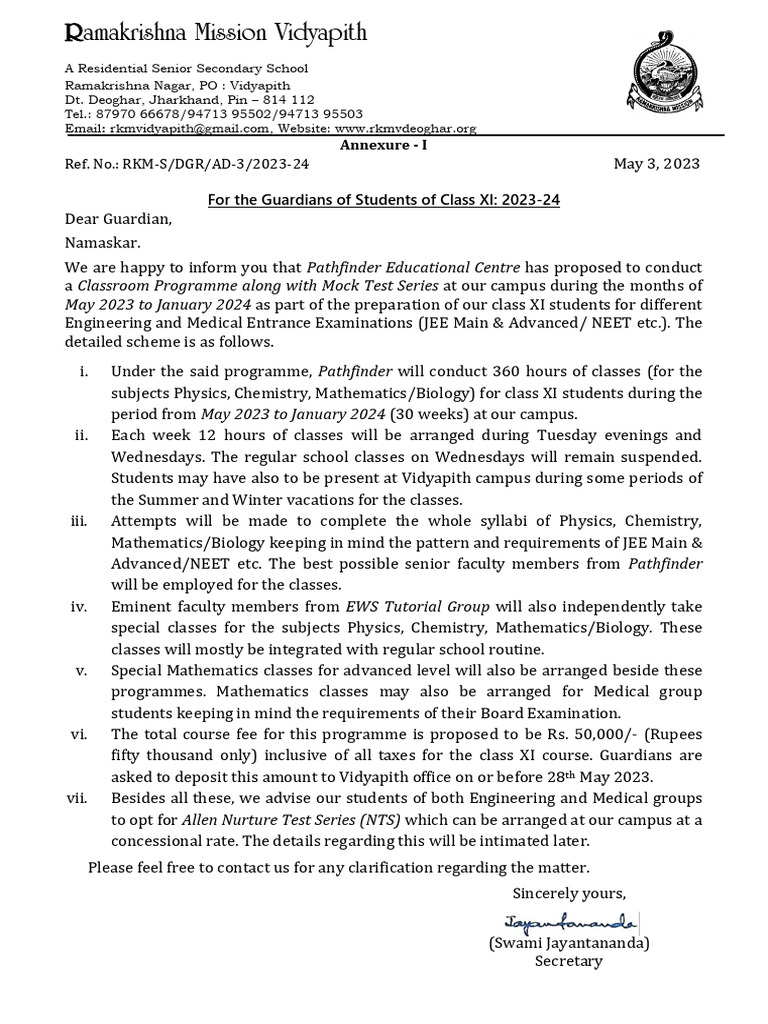 XI Tutorial Classes Information - Letter To Guardian - 2023-24 | PDF | Student Assessment And ...