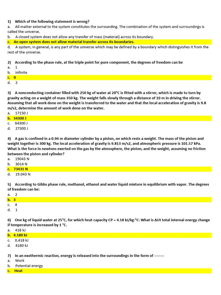 Thermodynamics Practice Quiz | PDF | Heat | Phase Rule