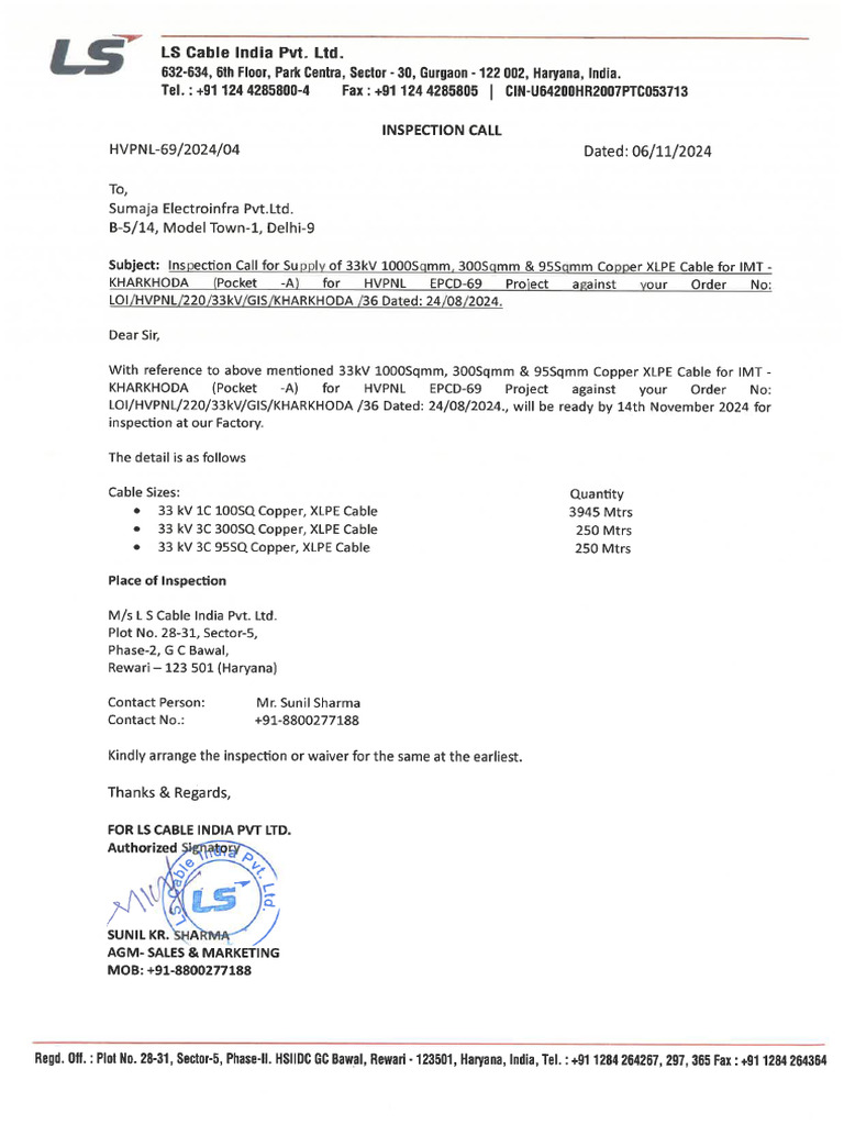 Inspection Call For 33kV Cables | PDF