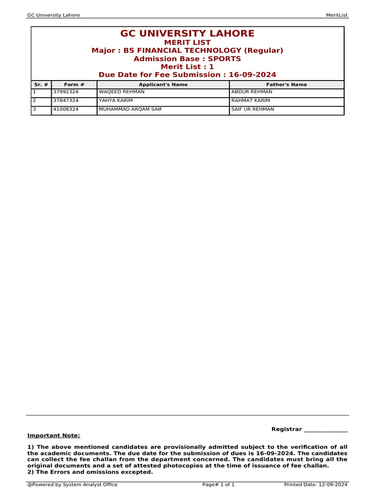 Bs Financial Technology Regular Ist Merit List Sports | PDF | Business ...