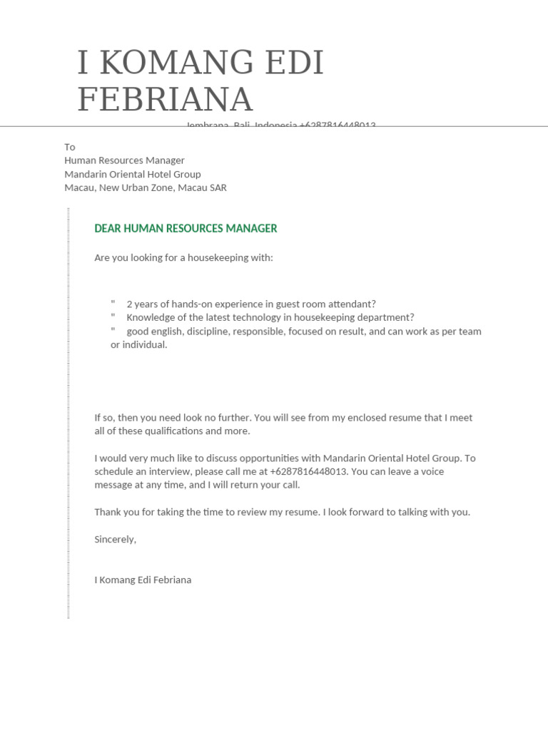Cover Letter I Komang Edi Febriana | PDF