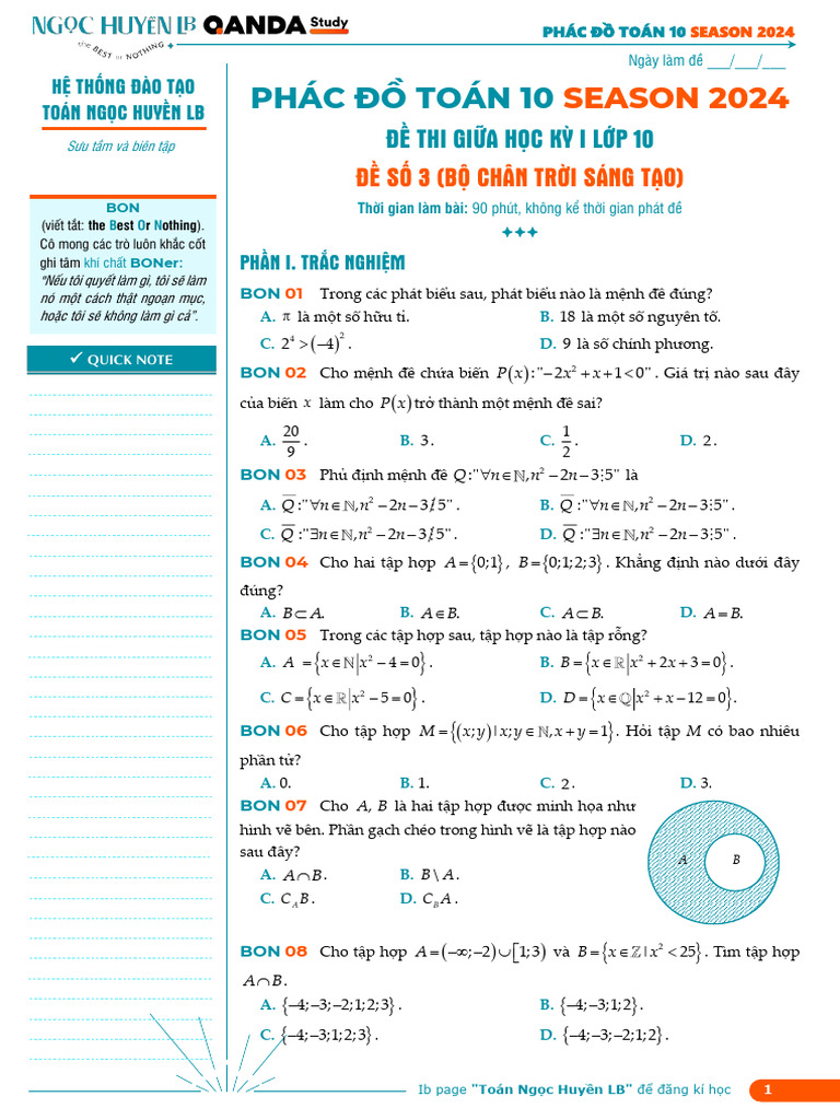 (Ngọc Huyền LB) Đề Thi Giữa HKI Lớp 10 - Đề Số 3 (Bộ CTST) | PDF