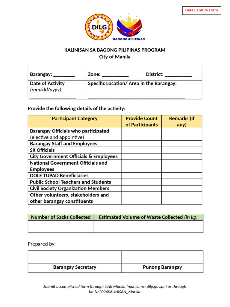 Kalinisan Sa Bagong Pilipinas Program Data Capture Form | PDF
