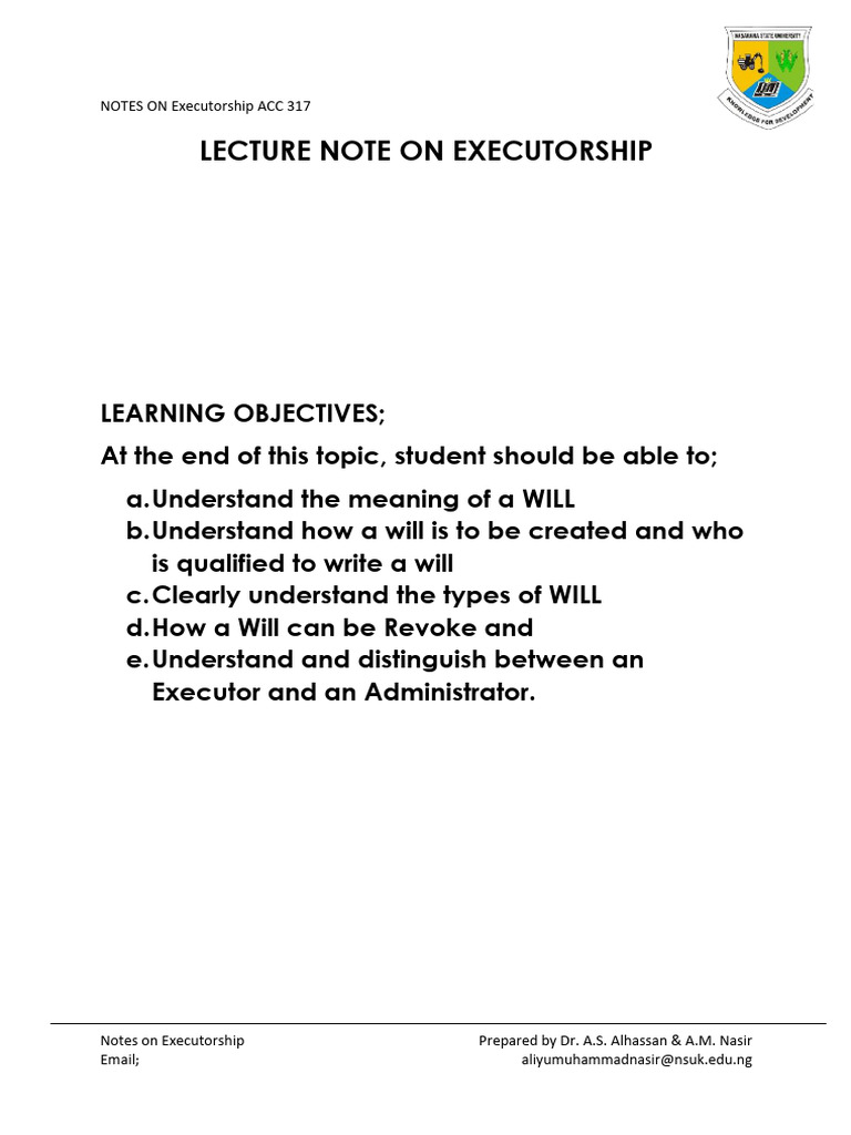 Lecture Note On Executorship 3 | PDF | Will And Testament | Probate