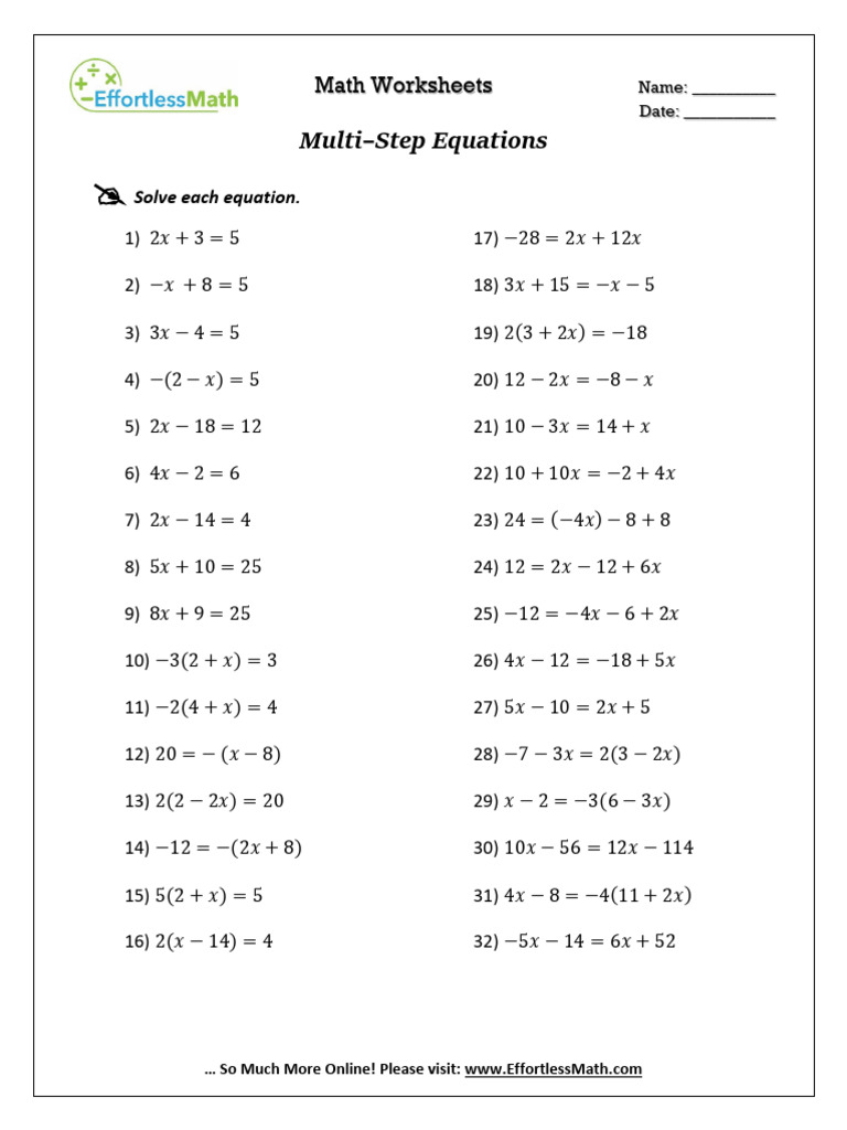 Multi-Step Equations Practice Worksheet | PDF