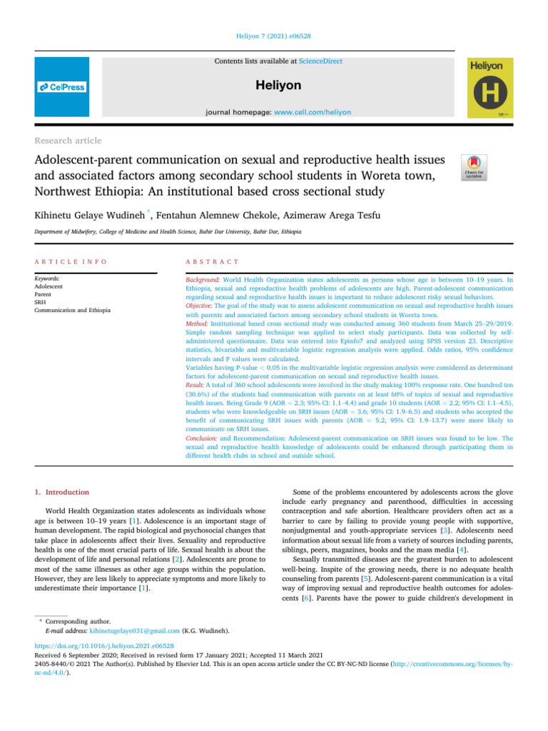 Adolescent Parent Communication On Sexual and Reproductive Health Issues and Associated Factors ...