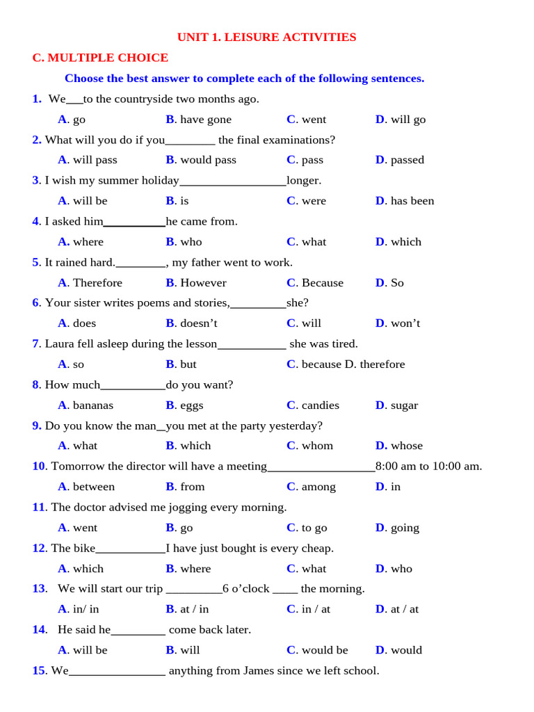 Bài tập Anh 8 theo chuyên đề 3. MULTIPLE CHOICE E8 (UNIT 1-6) N | PDF | Vietnam