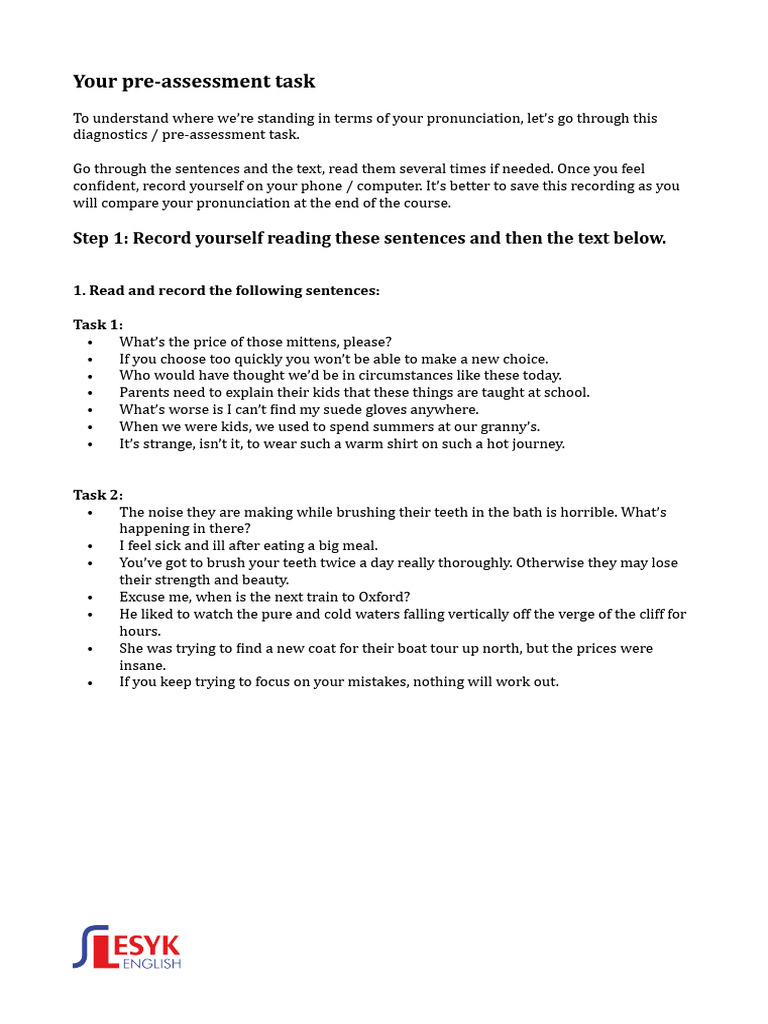Pre-Assessment Task - British Pronunciation Course Lesyk English ...