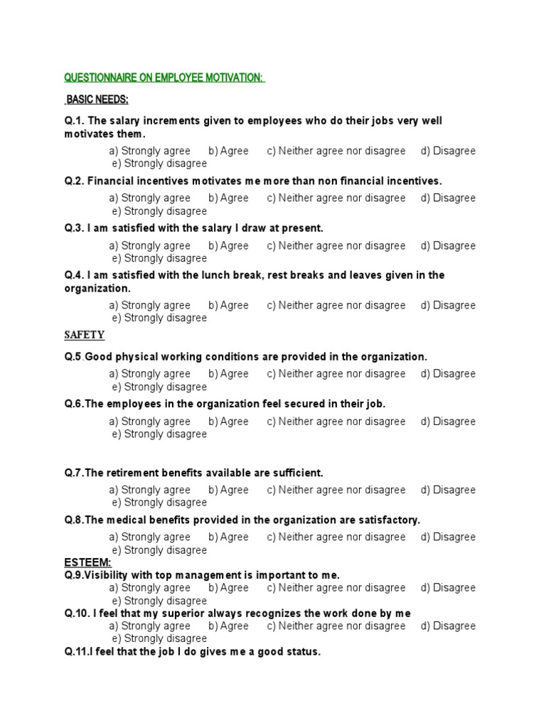 Questionnaire on Employee Motivation | Motivation | Self-Improvement