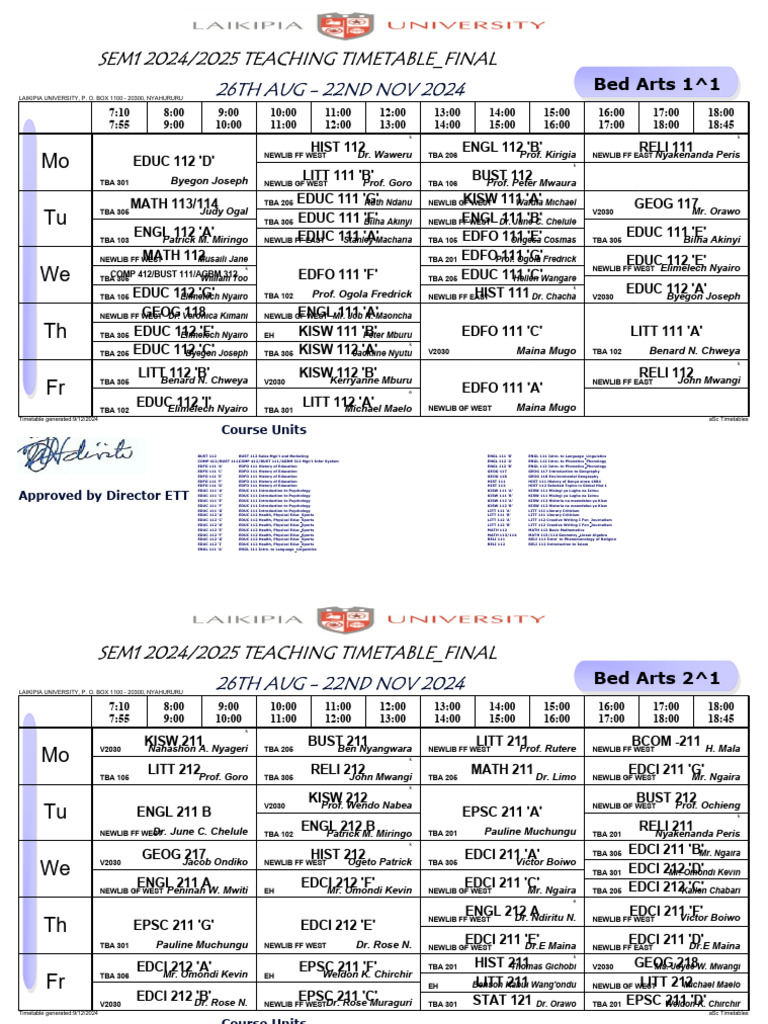 Laikipia University SEM1 Timetable 2024 | PDF | Mathematics | Science