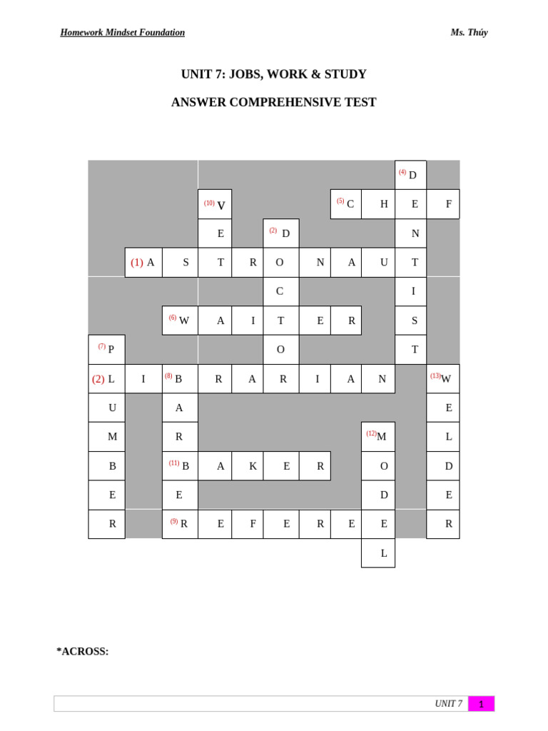 (Answer) Comprehensive Test Unit 7 - Jobs, Work & Study - Ms. Thúy | PDF