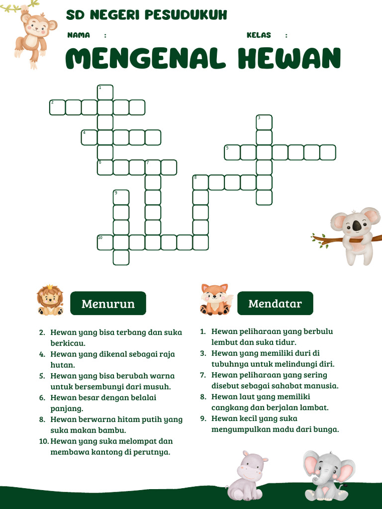 Teka-Teki Silang Mengenal Hewan Kelas 1 | PDF