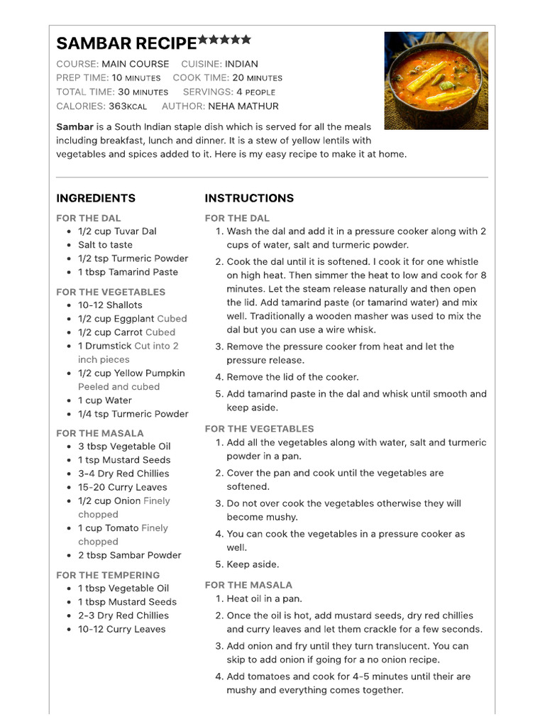 Sambar Recipe - Whisk Affair | PDF