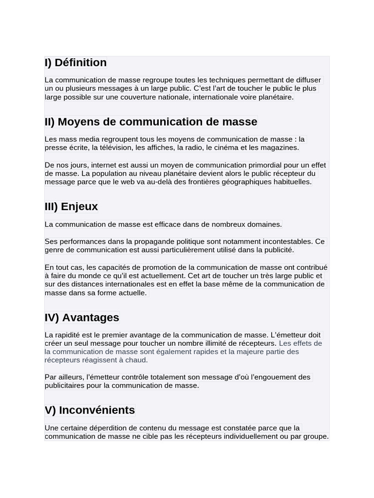 Définition et enjeux de la communication de masse | PDF | la ...