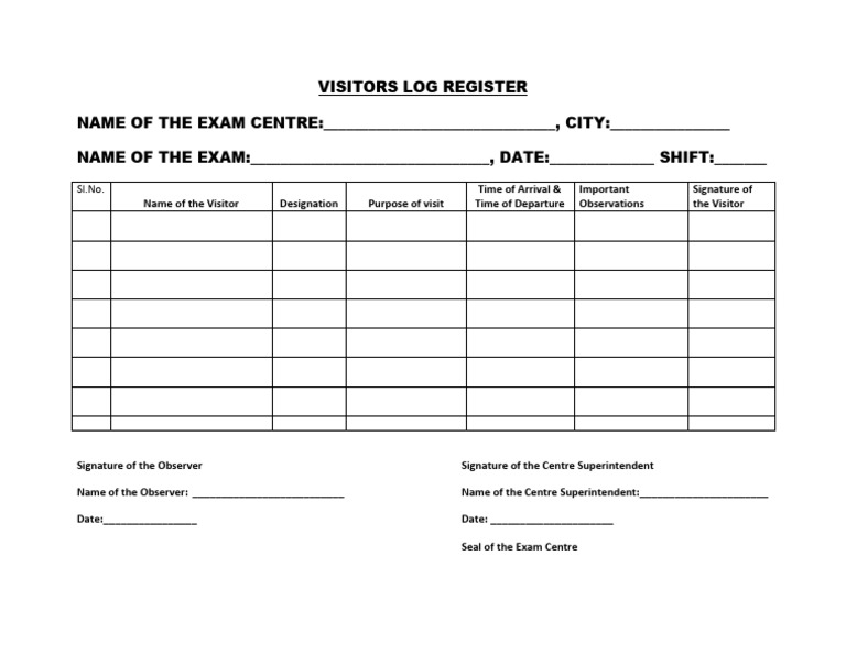 Exam Centre Visitor Log Template | PDF