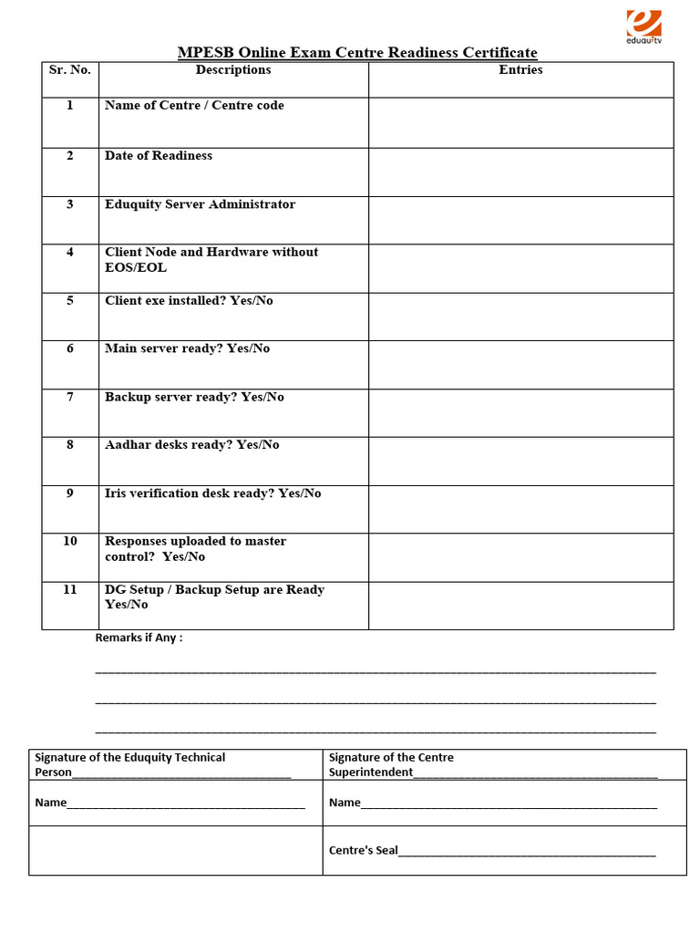 Centre Readiness Certificate Format - 2024 | PDF