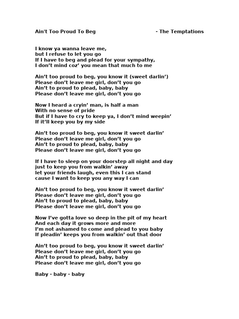 Ain't Too Proud To Beg (Temptations) | PDF | Poetry