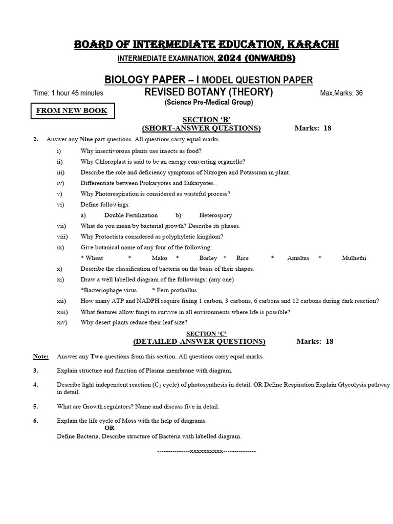 Class 11 Biology Model Paper 2024 | PDF | Bacteria | Botany