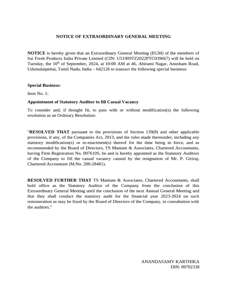 Notice of EGM | PDF | Board Of Directors | Government