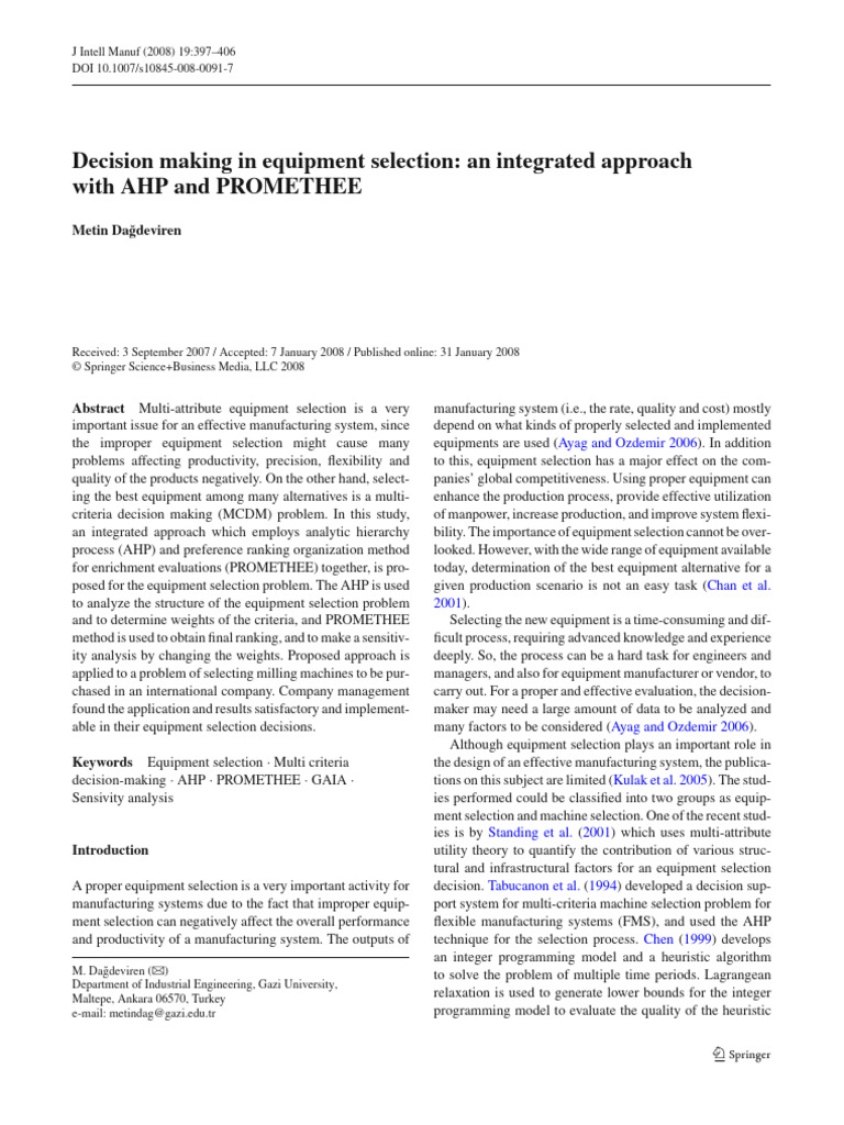 AHP-PROMETHEE for Equipment Selection | PDF | Applied Mathematics ...