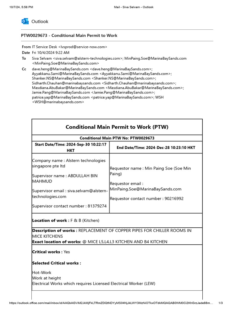 PTW0029673 - Conditional Main Permit To Work-COPPER PIPE | PDF ...