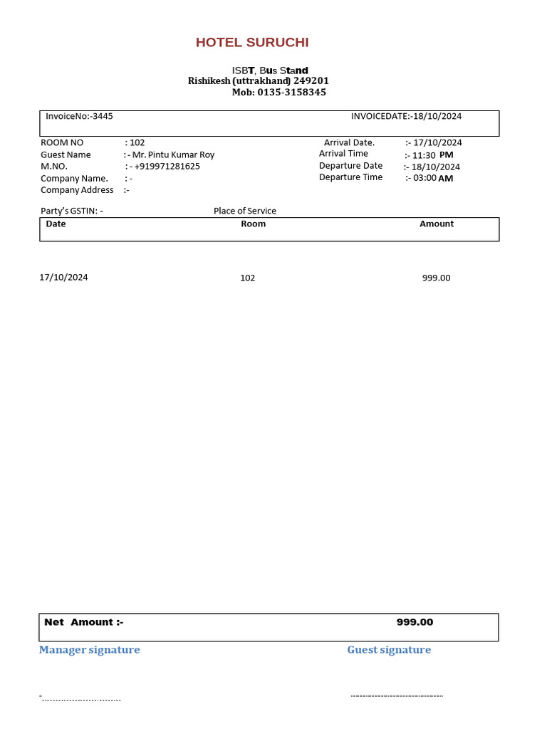 Hotel Invoice for Mr. Pintu Kumar Roy | PDF