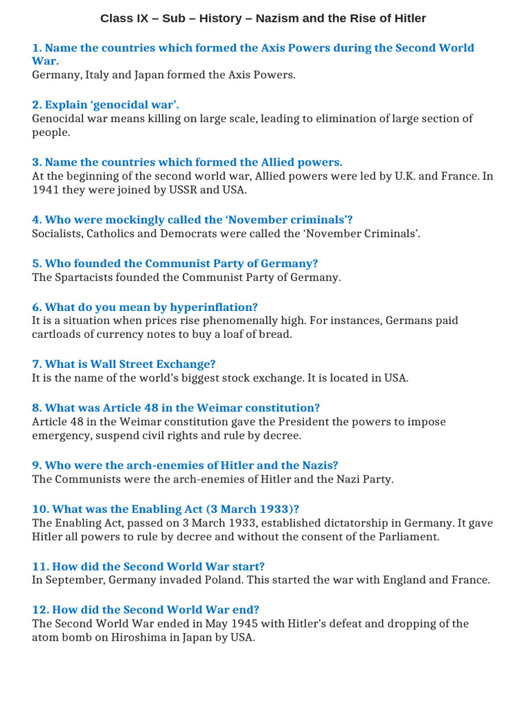 Class IX History: Rise of Nazism | PDF | Weimar Republic | Nazi Germany