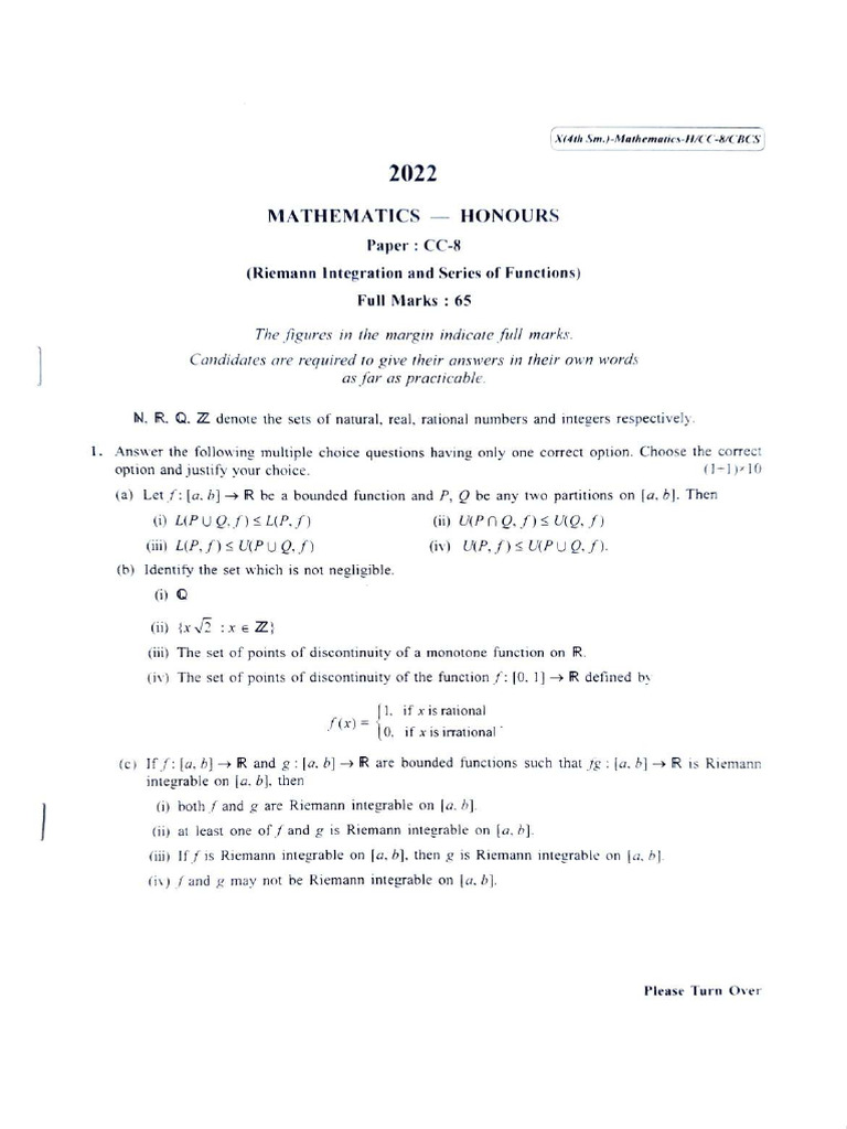 CU-2022 B.sc. (Honours) Mathematics Semester-4 Paper-CC-8 QP | PDF | Power Series | Limit ...