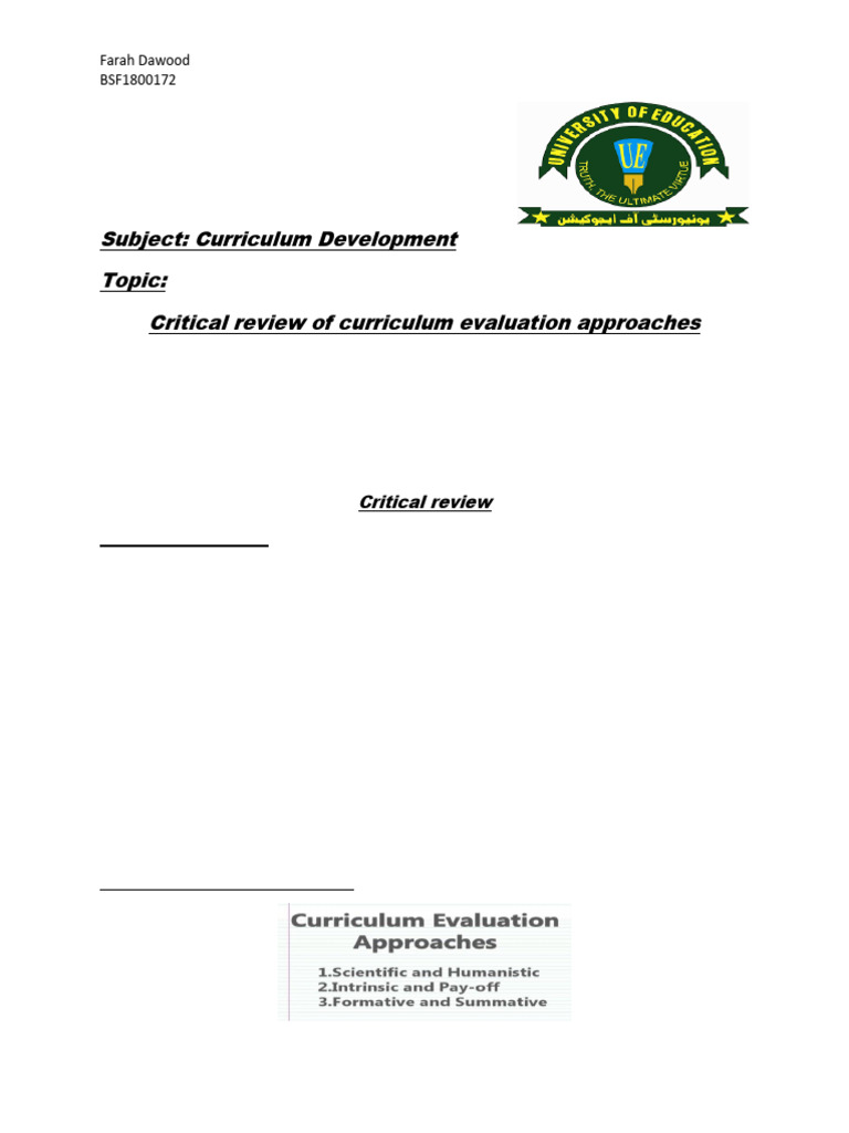 Approaches To Curriculum Evaluation, Farah Dawood BSF1800172 | PDF | Curriculum | Evaluation