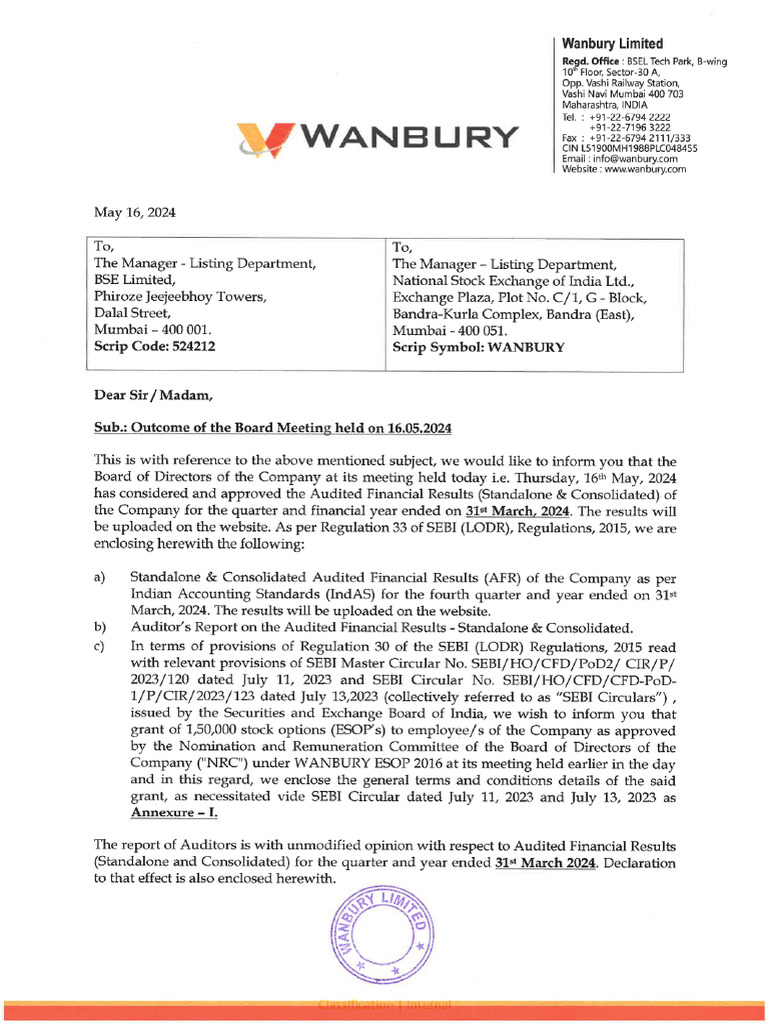 Outcomeof BMWanbury Signed 160524 | PDF | Equity (Finance) | Expense
