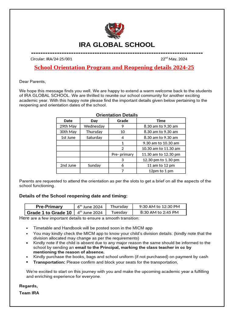 IG School Reopening Orientation Circular 2024-25 | PDF