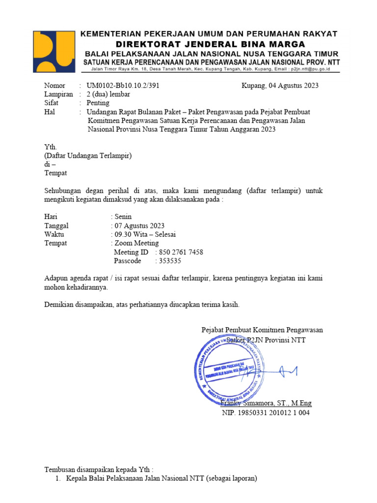 Undangan Rapat Pengawasan P2JN NTT | PDF