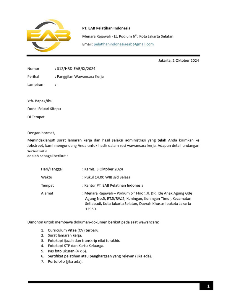 70#1 Surat Panggilan Interview Kerja | PDF