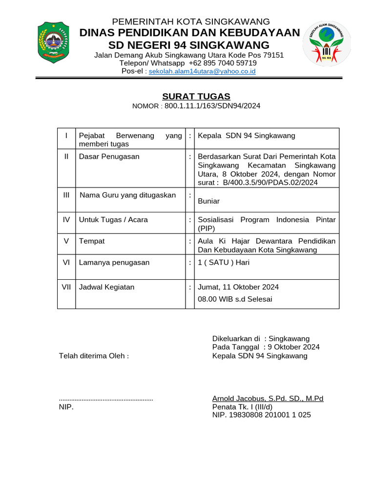 SURAT TUGAS Boni Sosialisasi Pip 2024 | PDF