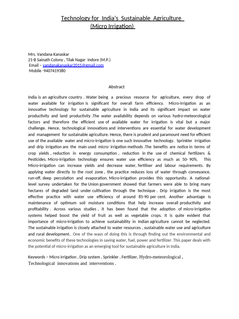 Abstract Technology For India's Sustainable Agriculture (Micro ...