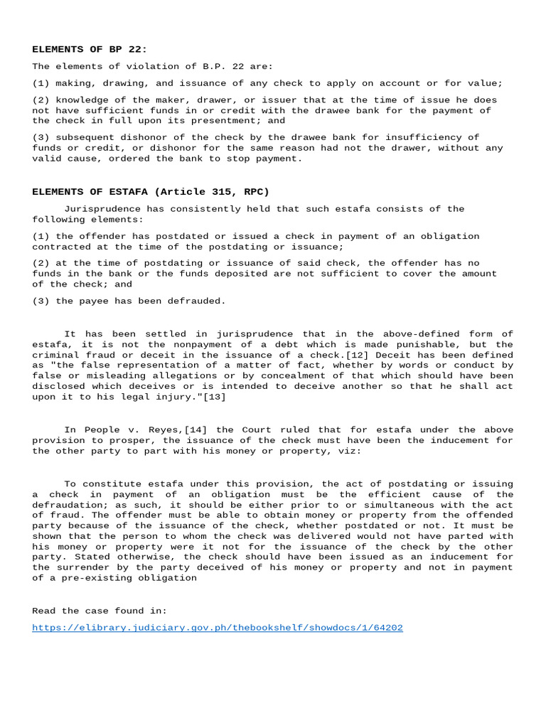 Elements of BP22 and Estafa | PDF | Fraud | Payments