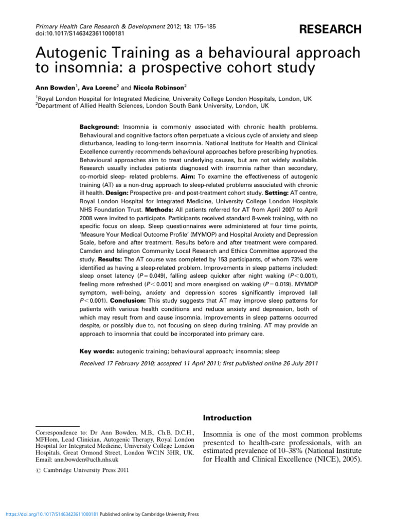 Autogenic Training As A Behavioural Approach To Insomnia A Prospective ...