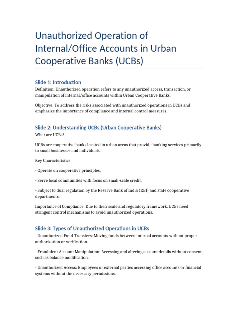 Unauthorized Operations in UCBs | PDF | Internal Control | Regulatory ...