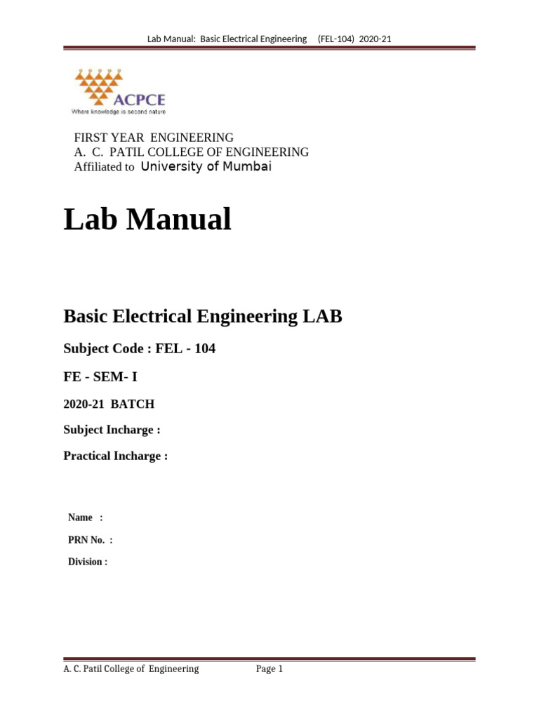 BEE_lab_manual_20-21 | PDF | Voltage | Electrical Network