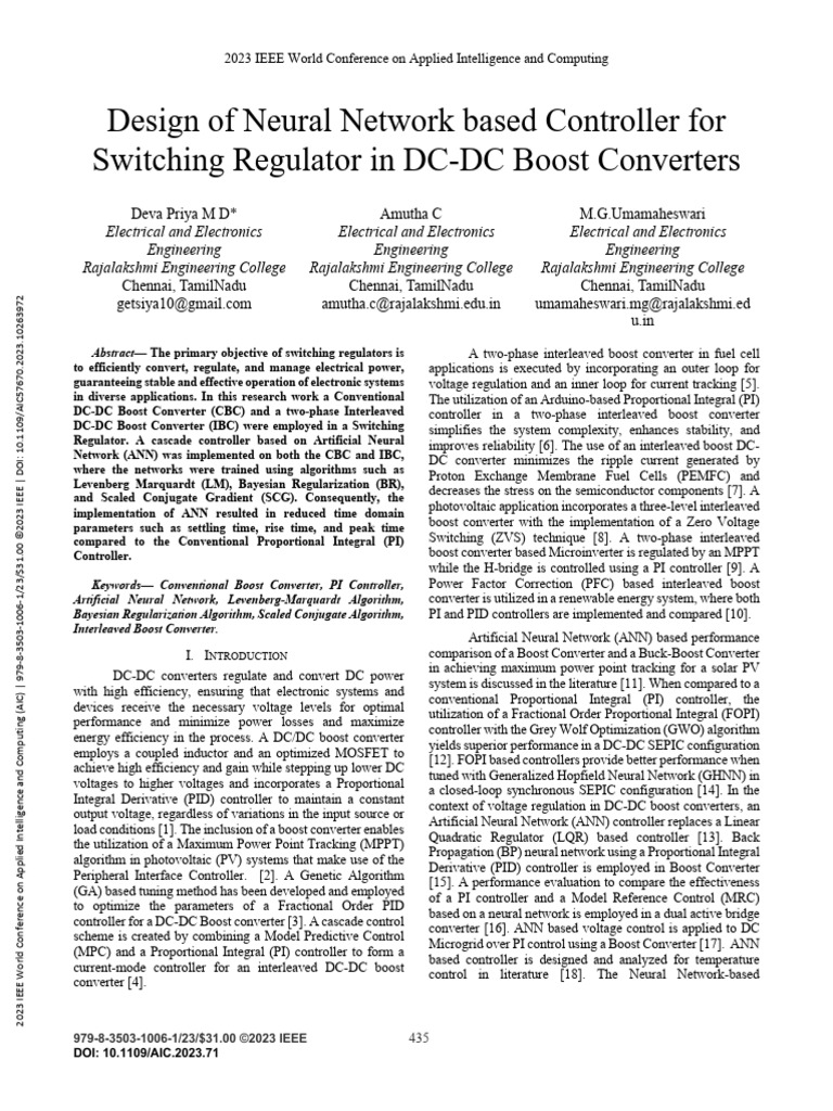 Design of Neural Network Based Controller For Switching Regulator in DC-DC Boost Converters ...