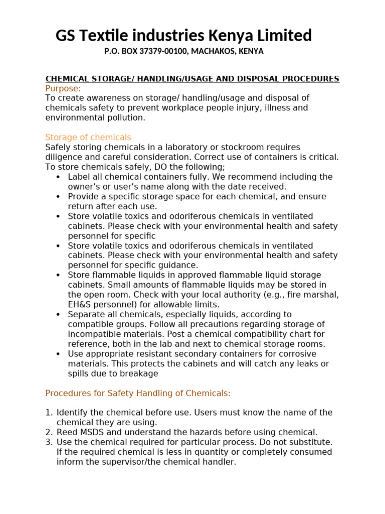 Chemical Handling Procedures | PDF | Working Conditions | Environmental ...